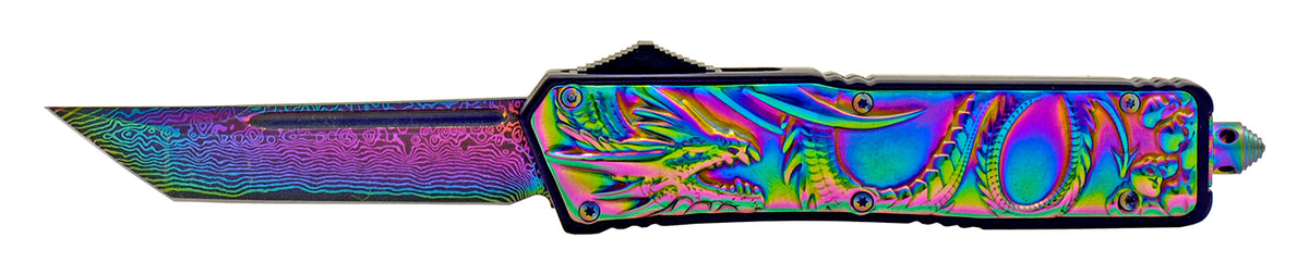 FPSTACTICAL Wyvern OTF Knife Black & Iridescent with Damascus Blade an ...