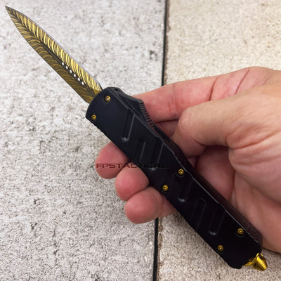 FPSTACTICAL Pinion Compact OTF Knife Black with Dual Edge Gold Blade a ...