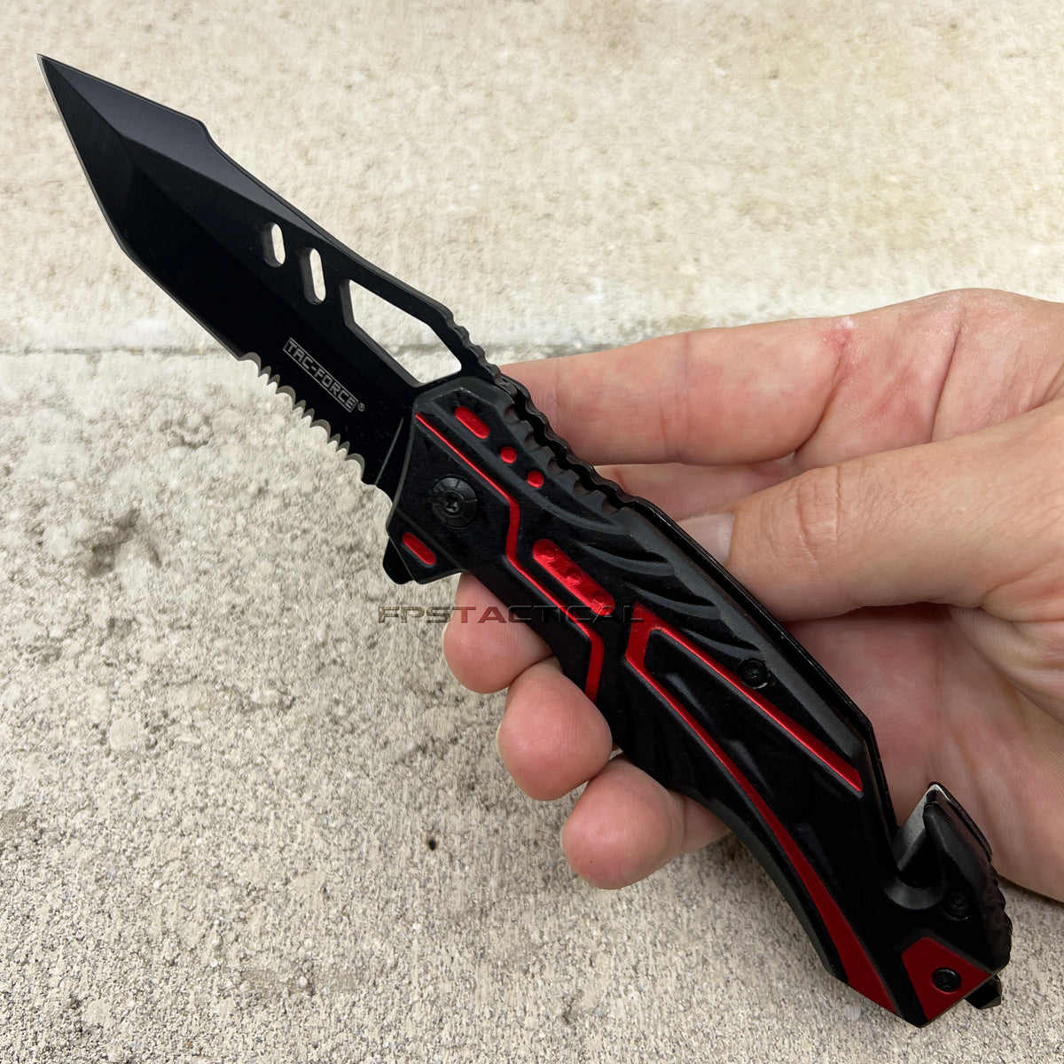 Tac-Force Black and Red Spring Assisted Tactical Rescue Knife w Integr ...