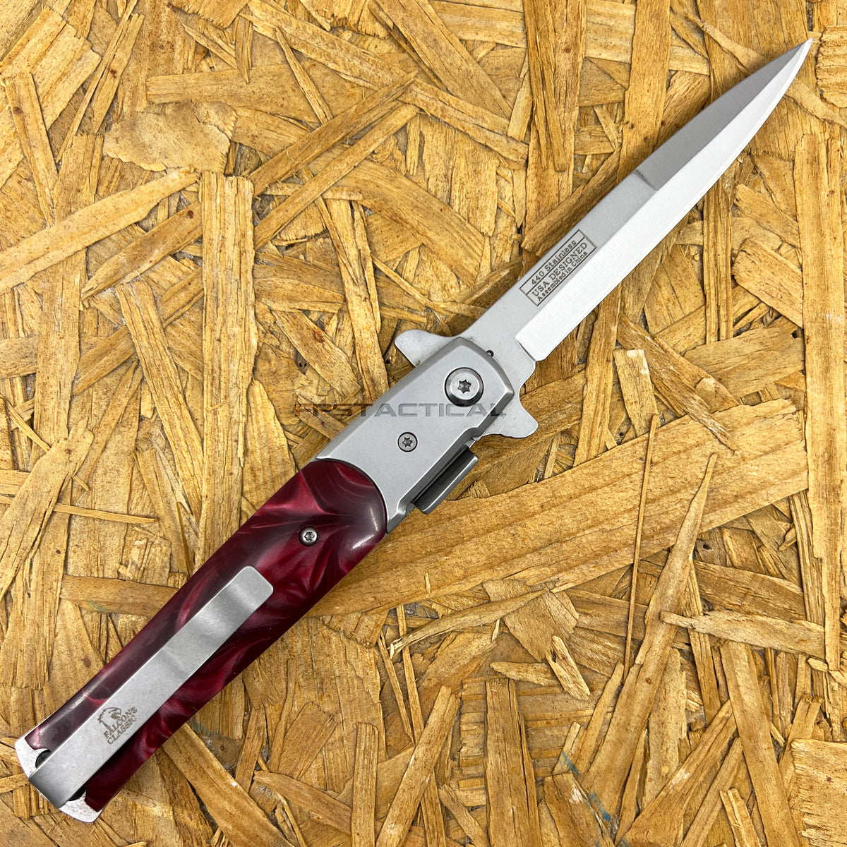 Falcon Silver and Burgundy Marble Pearlex Spring Assisted Stiletto Kni ...