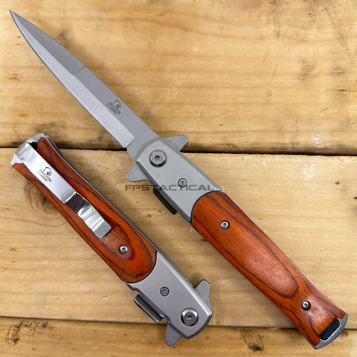Falcon Classic Silver and Cherry Wood Spring Assisted Stiletto Knife ...
