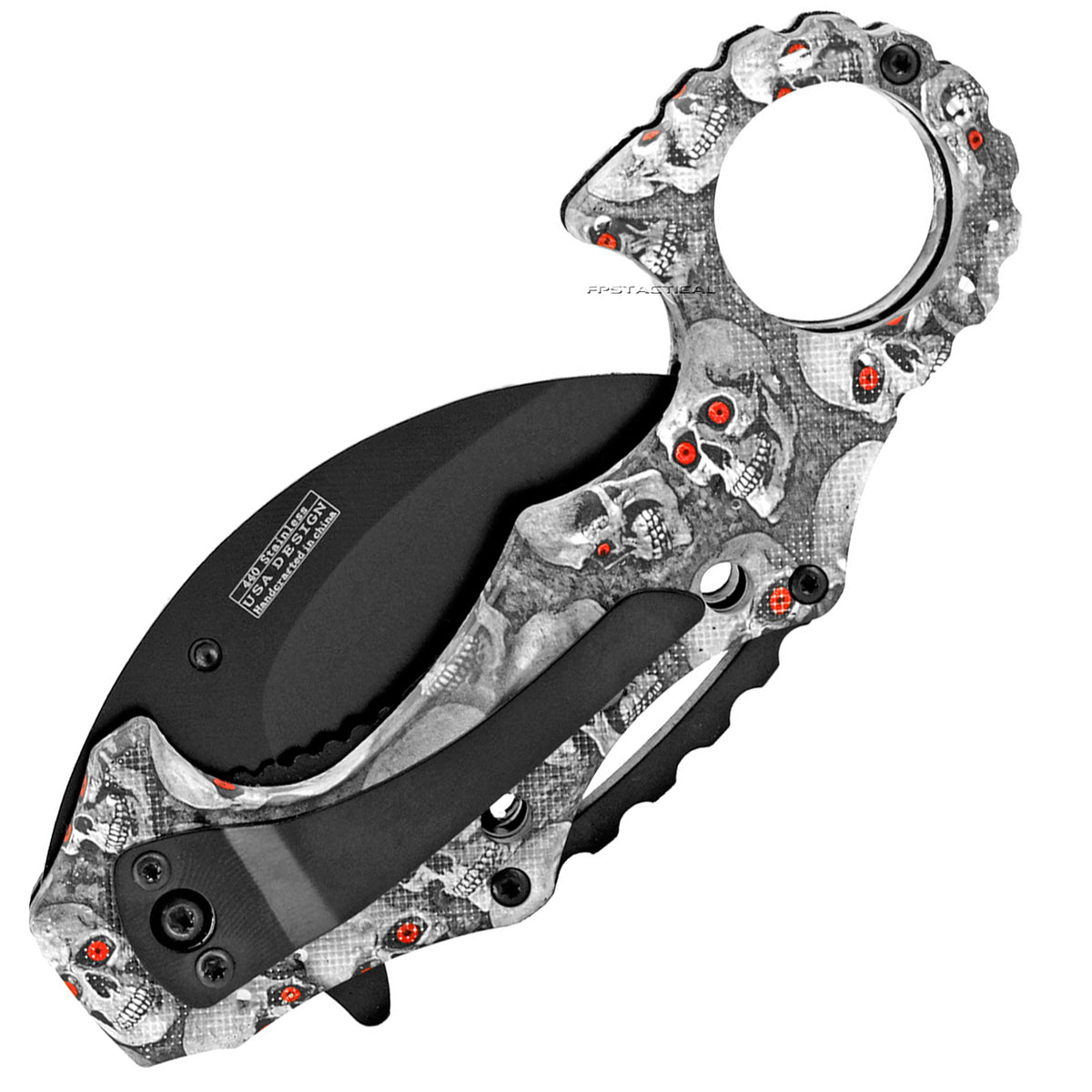 Falcon Black & White Karambit Spring Assisted Knife with ABS Skull Pri ...