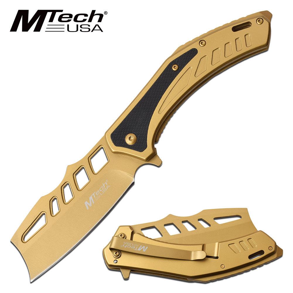 MTech USA Gold & Black Cleaver Spring Assisted Pocket Knife w/ G10 Inl ...