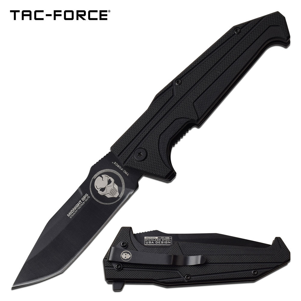 Tac-Force Midnight Ops Black Spring Assisted Skull Knife with G10 Scal ...